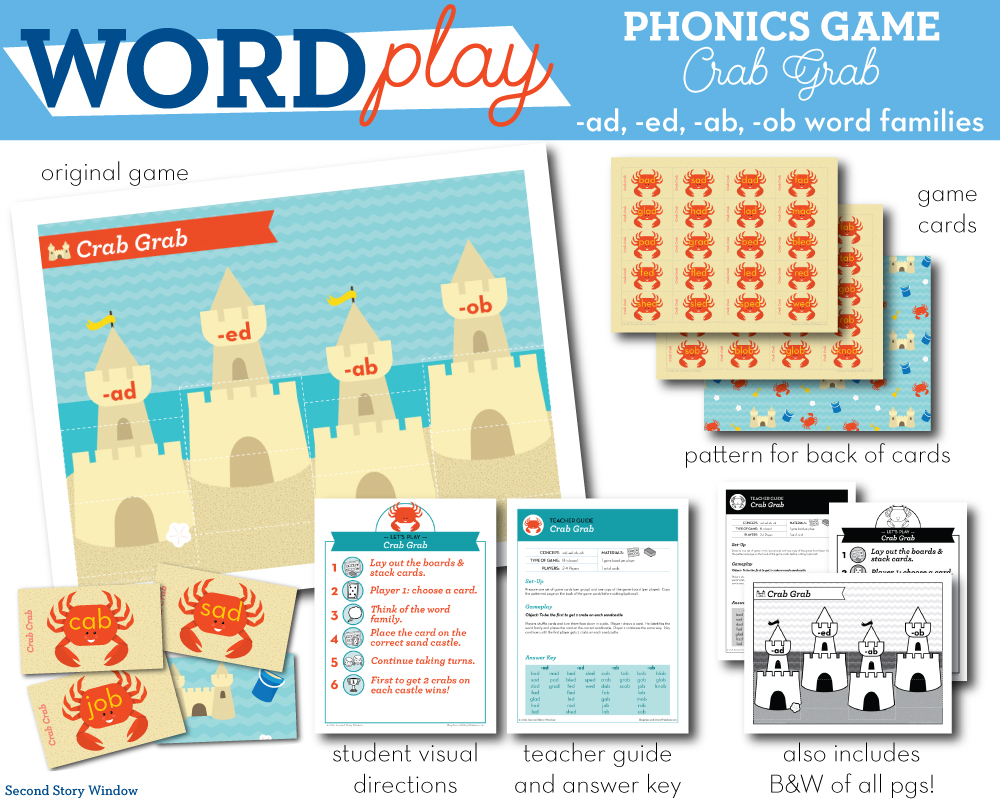 Crab Grab Mixed Vowel Word Families Phonics Game - Words Their Way Game ...