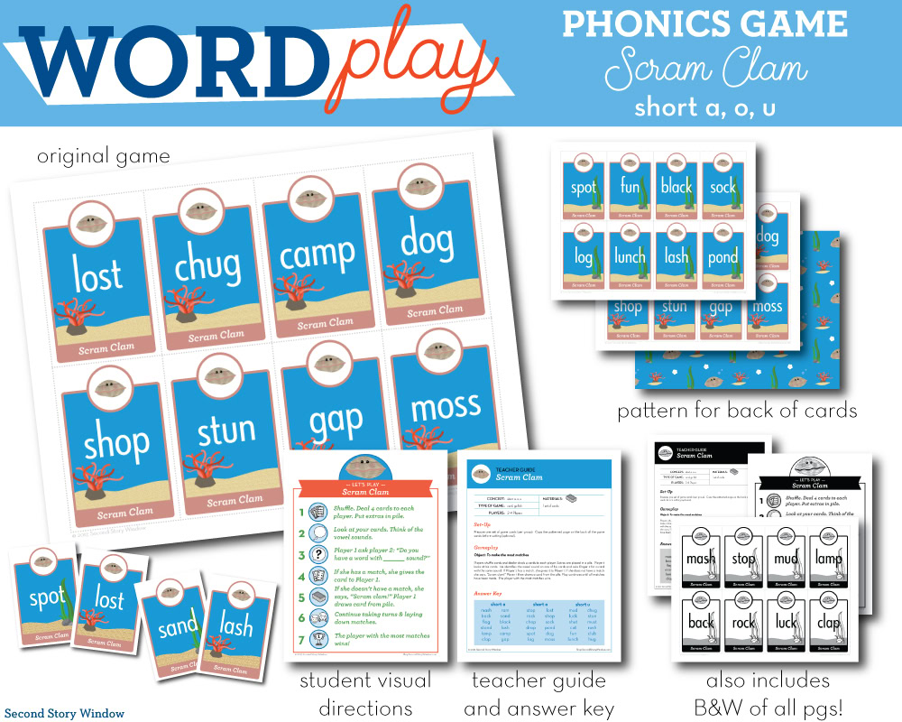 Scram Clam Short Vowel a, o, u Phonics Game - Words Their Way Game ...