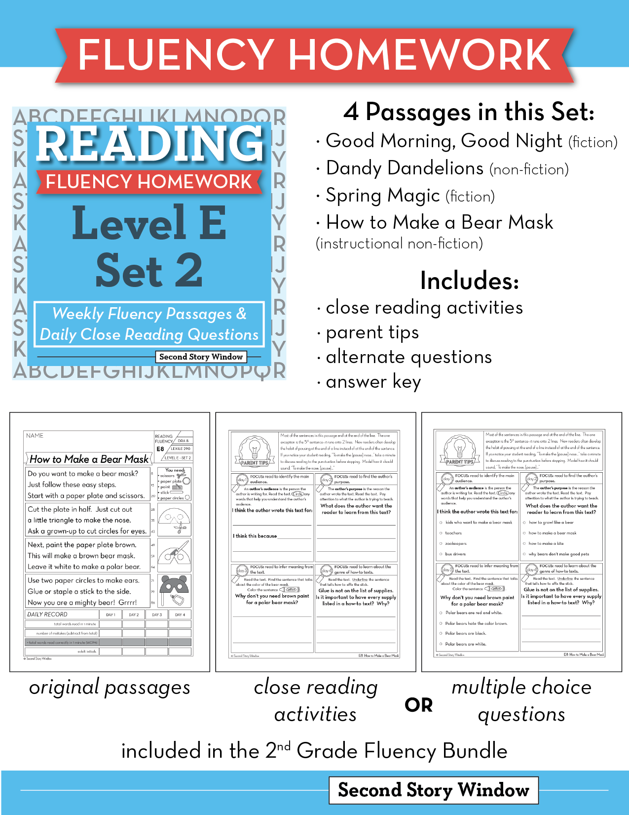 Reading Fluency Homework Level E Set 2 - Second Story Window