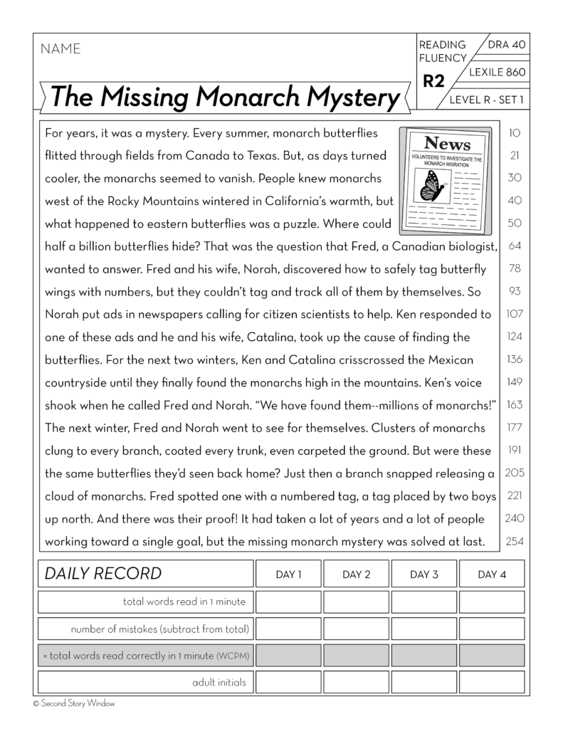 Reading Fluency Homework Level R Set 1 - Second Story Window